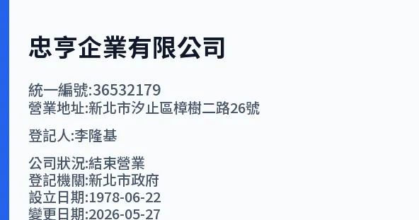 忠亨企業有限公司的照片-統編 36532179(新北市) 公司登記資料與營業項目詳細圖表