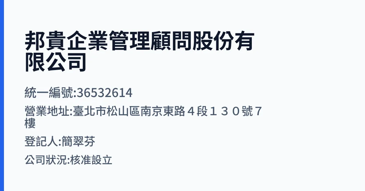 邦貴企業管理顧問股份有限公司 - 統編 36532614(臺北市) 公司登記資料與營業項目詳細圖表