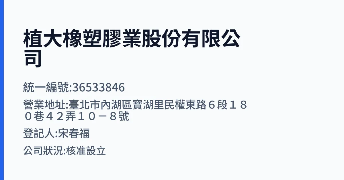 植大橡塑膠業股份有限公司 - 統編 36533846(臺北市) 公司登記資料與營業項目詳細圖表