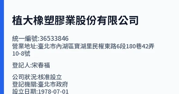 植大橡塑膠業股份有限公司的照片-統編 36533846(臺北市) 公司登記資料與營業項目詳細圖表