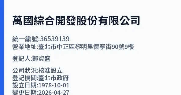 萬國綜合開發股份有限公司的照片-統編 36539139(臺北市) 公司登記資料與營業項目詳細圖表