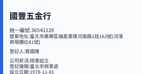 國豐五金行的照片-統編 36541120(臺北市) 公司登記資料與營業項目詳細圖表