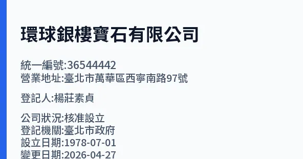 環球銀樓寶石有限公司的照片-統編 36544442(臺北市) 公司登記資料與營業項目詳細圖表