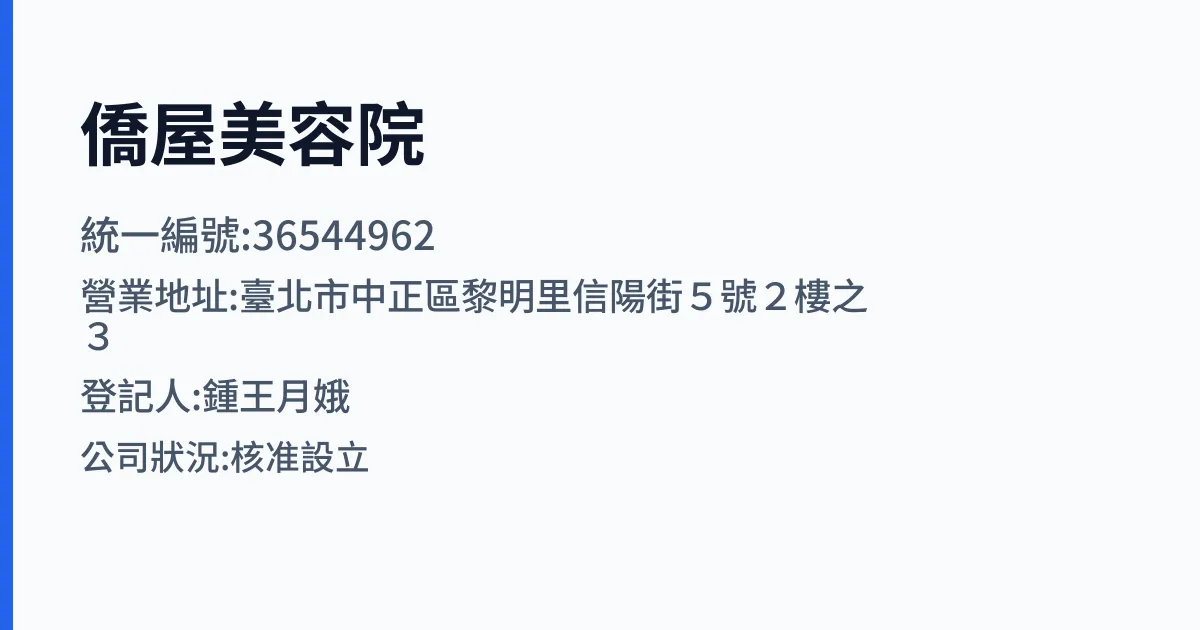僑屋美容院 - 統編 36544962(臺北市) 公司登記資料與營業項目詳細圖表