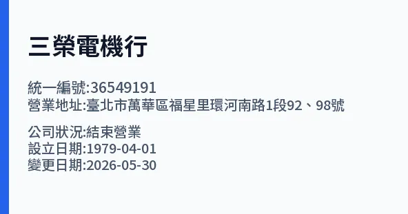 三榮電機行的照片-統編 36549191(臺北市) 公司登記資料與營業項目詳細圖表