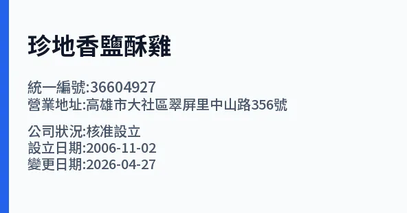 珍地香鹽酥雞的照片-統編 36604927(高雄市) 公司登記資料與營業項目詳細圖表