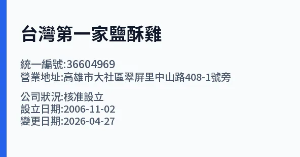 台灣第一家鹽酥雞的照片-統編 36604969(高雄市) 公司登記資料與營業項目詳細圖表