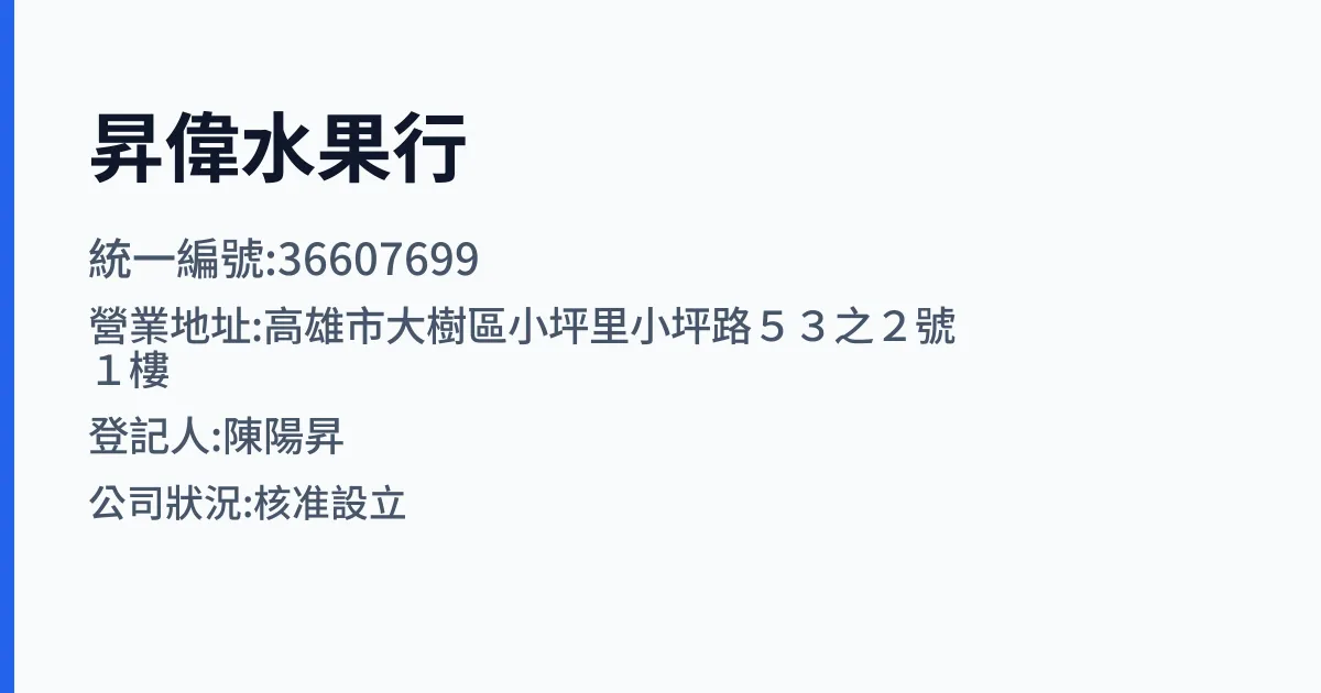 昇偉水果行 - 統編 36607699(高雄市) 公司登記資料與營業項目詳細圖表