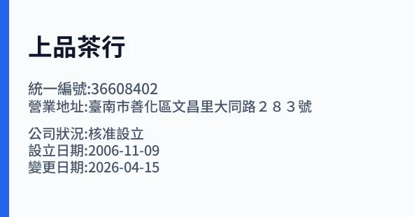 上品茶行的照片-統編 36608402(臺南市) 公司登記資料與營業項目詳細圖表