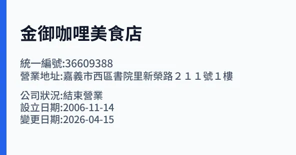 金御咖哩美食店的照片-統編 36609388(嘉義市) 公司登記資料與營業項目詳細圖表