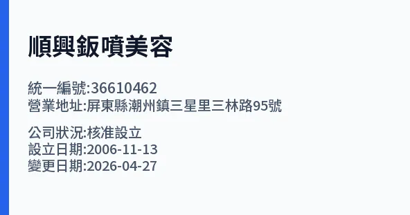 順興鈑噴美容的照片-統編 36610462(屏東縣) 公司登記資料與營業項目詳細圖表