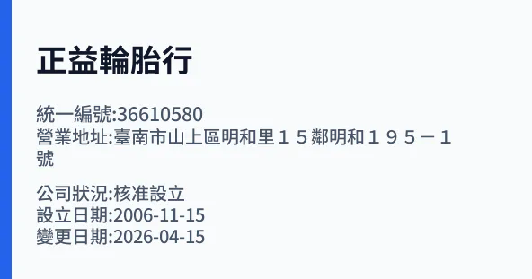 正益輪胎行的照片-統編 36610580(臺南市) 公司登記資料與營業項目詳細圖表