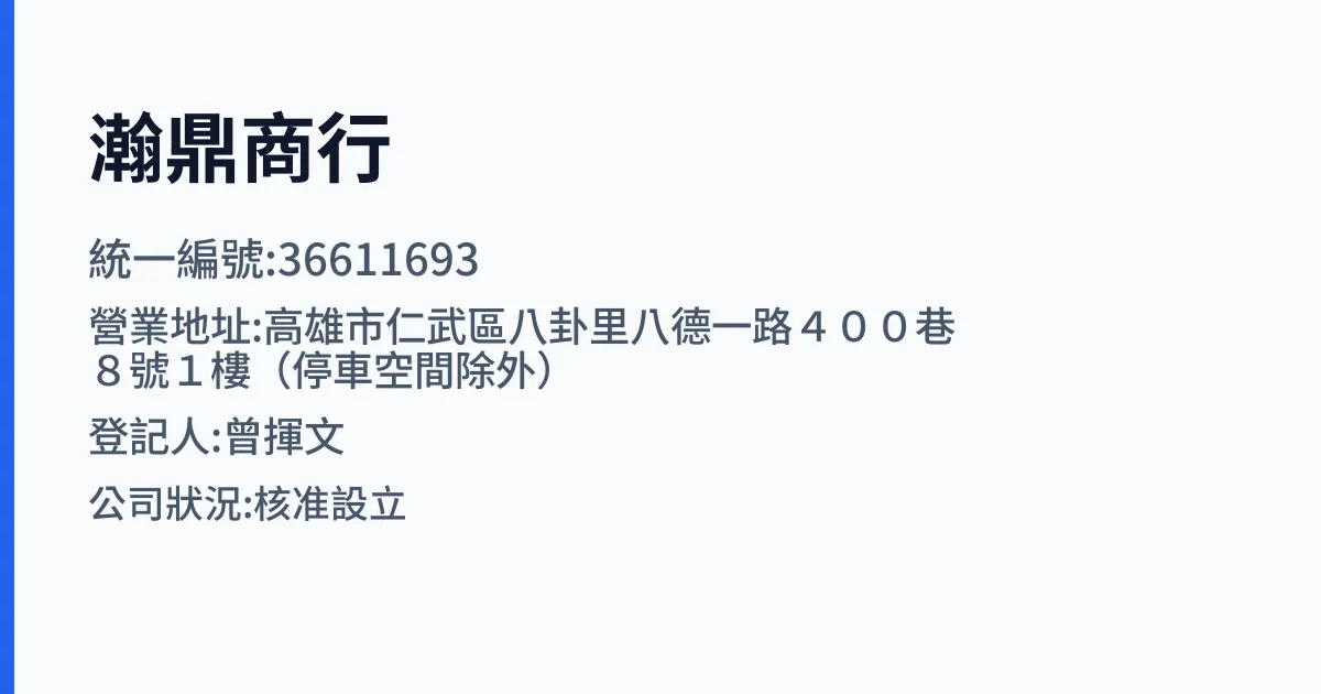 瀚鼎商行 - 統編 36611693(高雄市) 公司登記資料與營業項目詳細圖表