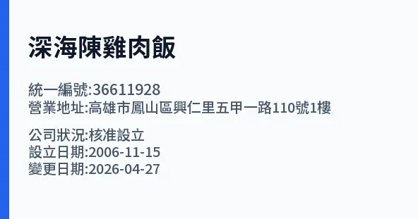 深海陳雞肉飯的照片-統編 36611928(高雄市) 公司登記資料與營業項目詳細圖表
