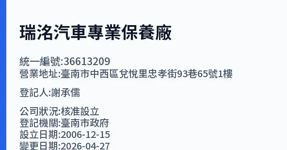 瑞洺汽車專業保養廠的照片-統編 36613209(臺南市) 公司登記資料與營業項目詳細圖表