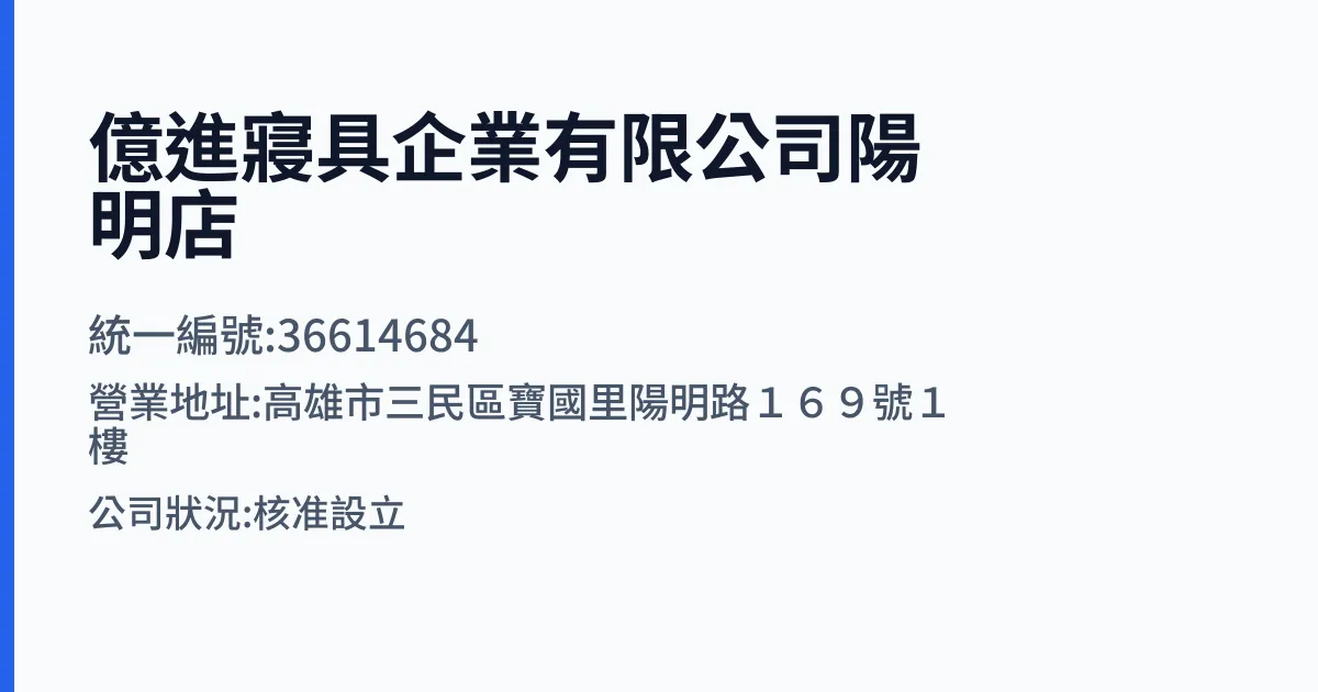 億進寢具企業有限公司陽明店 - 統編 36614684(高雄市) 公司登記資料與營業項目詳細圖表