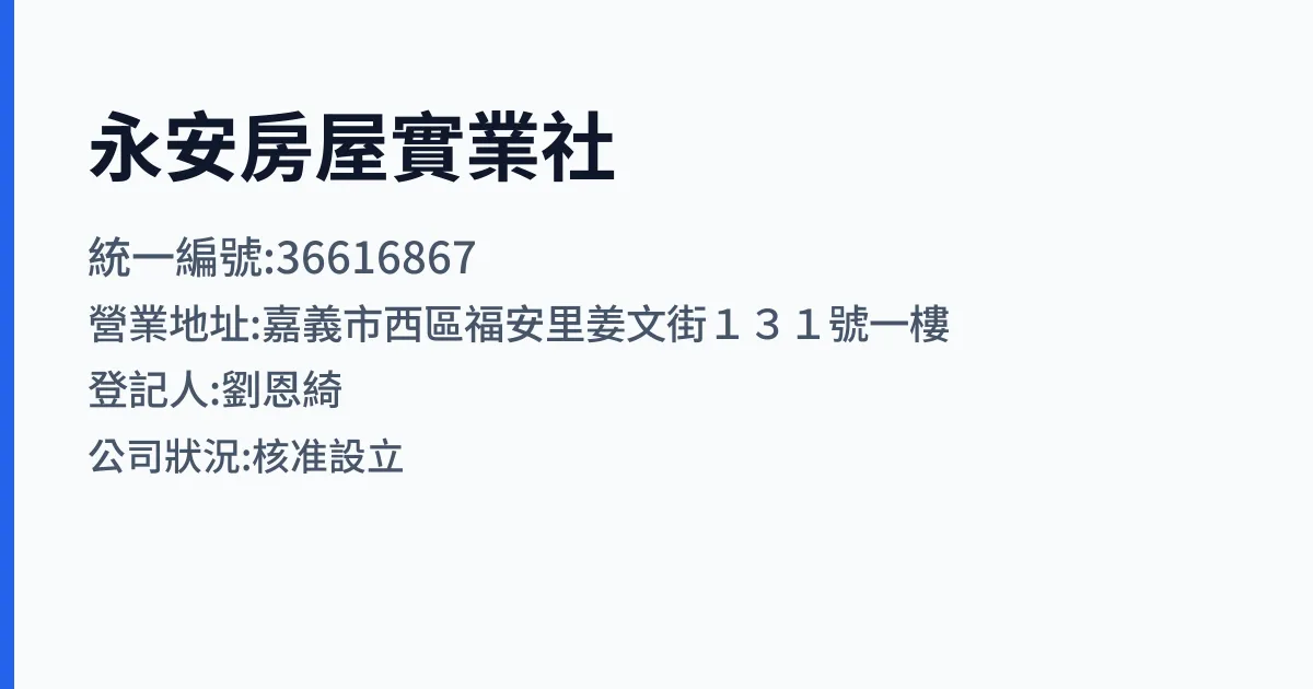 永安房屋實業社 - 統編 36616867(嘉義市) 公司登記資料與營業項目詳細圖表