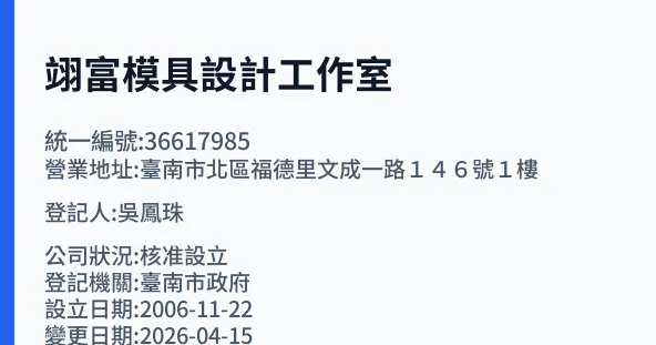 翊富模具設計工作室的照片-統編 36617985(臺南市) 公司登記資料與營業項目詳細圖表