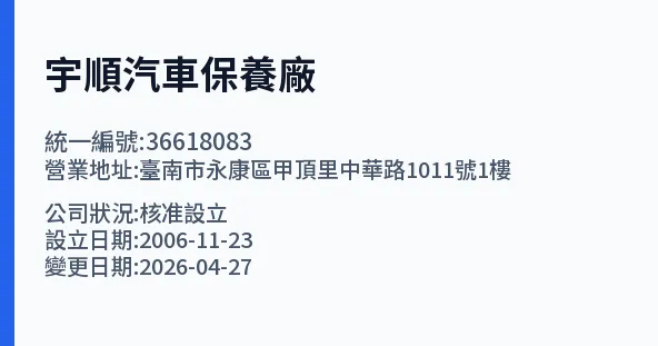 宇順汽車保養廠的照片-統編 36618083(臺南市) 公司登記資料與營業項目詳細圖表