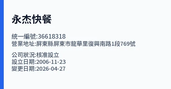 永杰快餐的照片-統編 36618318(屏東縣) 公司登記資料與營業項目詳細圖表