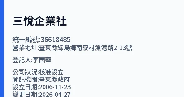 三悅企業社的照片-統編 36618485(臺東縣) 公司登記資料與營業項目詳細圖表