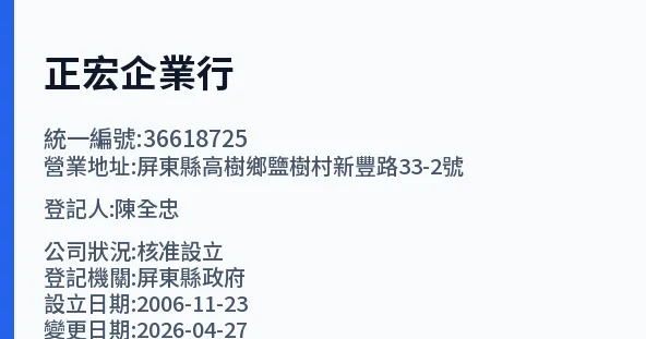 正宏企業行的照片-統編 36618725(屏東縣) 公司登記資料與營業項目詳細圖表
