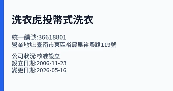 洗衣虎投幣式洗衣的照片-統編 36618801(臺南市) 公司登記資料與營業項目詳細圖表