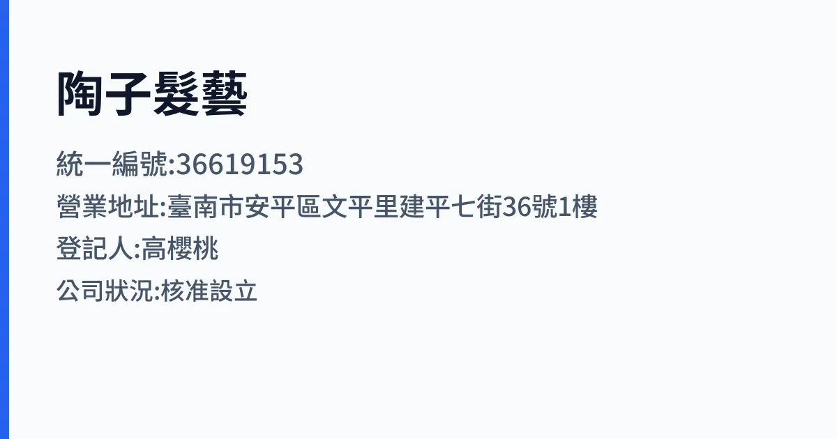 陶子髮藝 - 統編 36619153（臺南市） 公司登記資料與營業項目詳細圖表