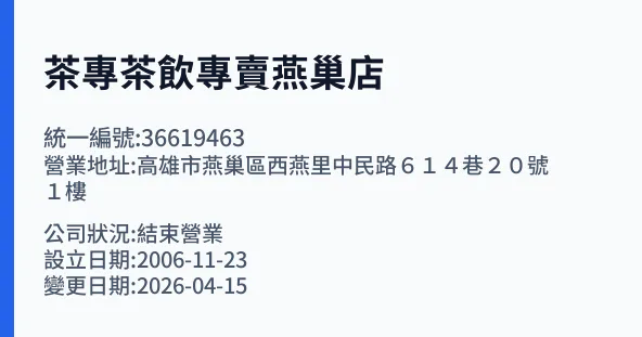 茶專茶飲專賣燕巢店的照片-統編 36619463(高雄市) 公司登記資料與營業項目詳細圖表