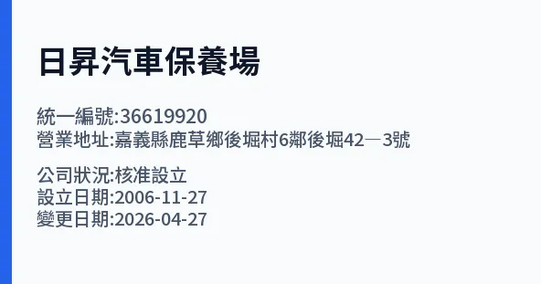 日昇汽車保養場的照片-統編 36619920(嘉義縣) 公司登記資料與營業項目詳細圖表