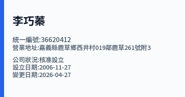 李巧蓁的照片-統編 36620412(嘉義縣) 公司登記資料與營業項目詳細圖表