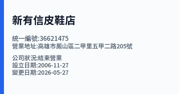 新有信皮鞋店的照片-統編 36621475(高雄市) 公司登記資料與營業項目詳細圖表