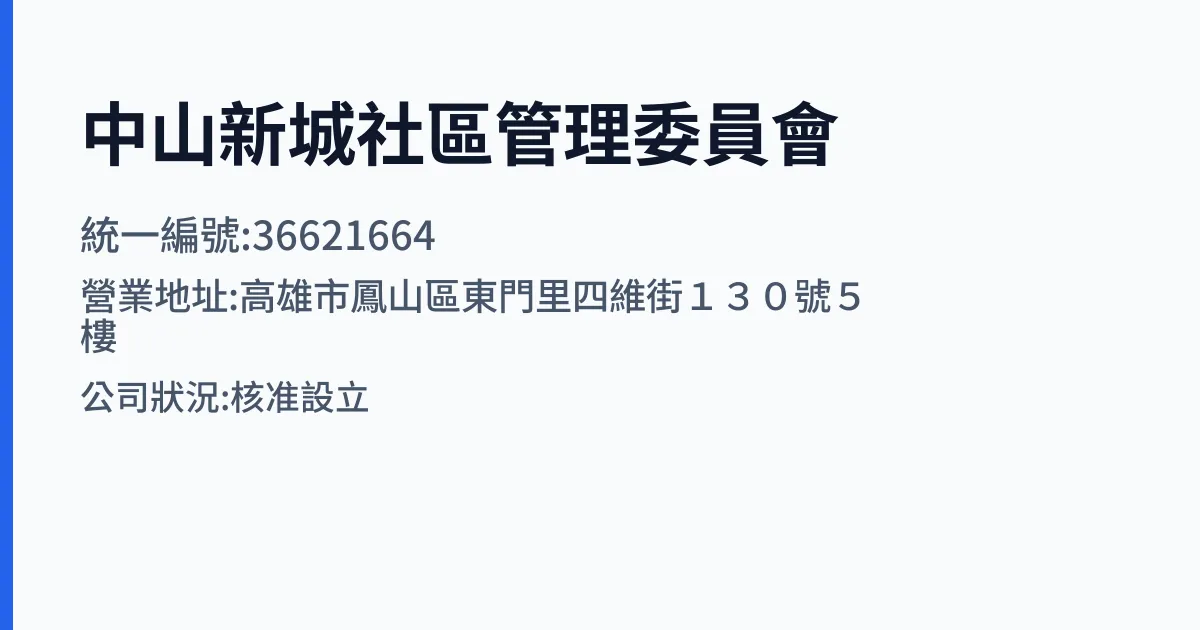 中山新城社區管理委員會 - 統編 36621664(高雄市) 公司登記資料與營業項目詳細圖表