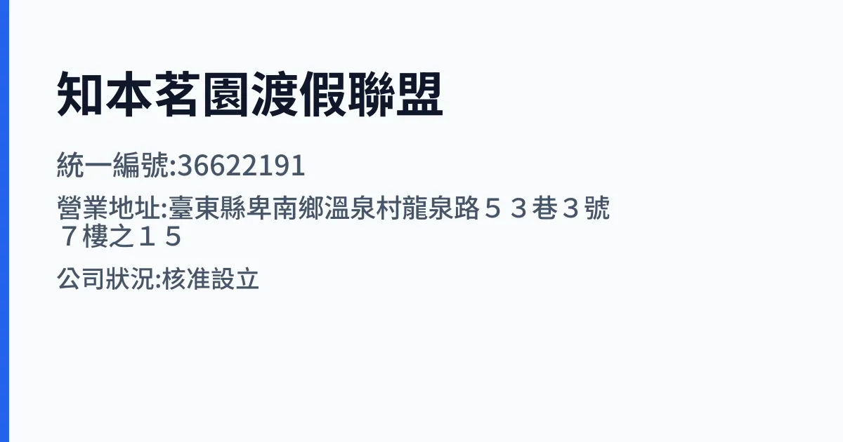 知本茗園渡假聯盟 - 統編 36622191(臺東縣) 公司登記資料與營業項目詳細圖表
