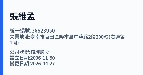 張維孟的照片-統編 36623950(臺南市) 公司登記資料與營業項目詳細圖表
