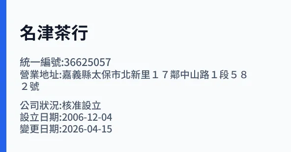 名津茶行的照片-統編 36625057(嘉義縣) 公司登記資料與營業項目詳細圖表