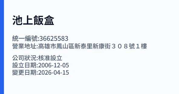 池上飯盒的照片-統編 36625583(高雄市) 公司登記資料與營業項目詳細圖表