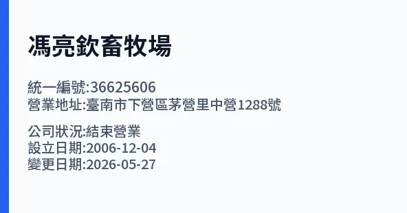 馮亮欽畜牧場的照片-統編 36625606(臺南市) 公司登記資料與營業項目詳細圖表
