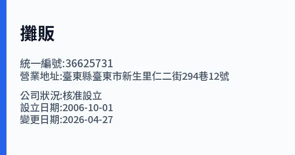 攤販的照片-統編 36625731(臺東縣) 公司登記資料與營業項目詳細圖表