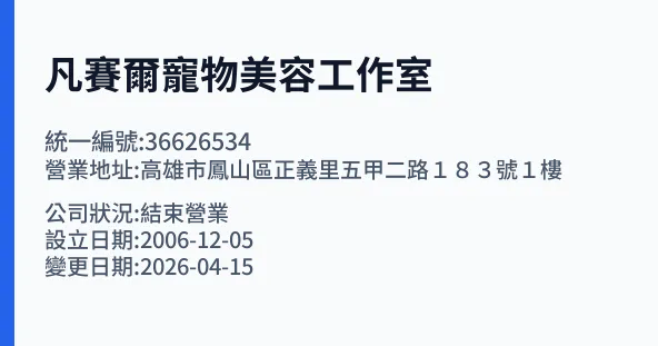 凡賽爾寵物美容工作室的照片-統編 36626534(高雄市) 公司登記資料與營業項目詳細圖表