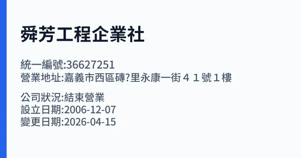 舜芳工程企業社的照片-統編 36627251(嘉義市) 公司登記資料與營業項目詳細圖表