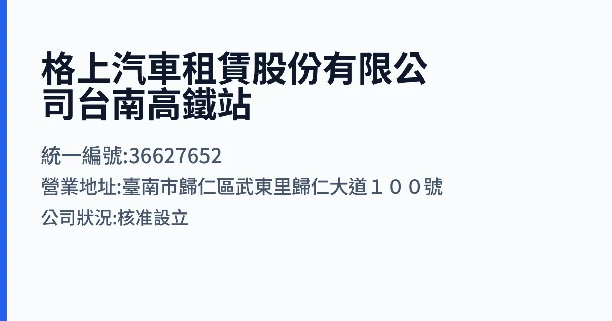 格上汽車租賃股份有限公司台南高鐵站 - 統編 36627652(臺南市) 公司登記資料與營業項目詳細圖表