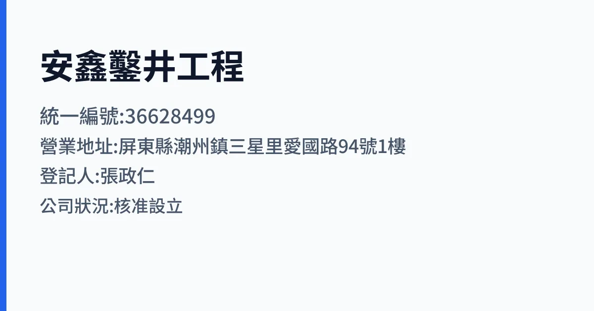 安鑫鑿井工程 - 統編 36628499(屏東縣) 公司登記資料與營業項目詳細圖表