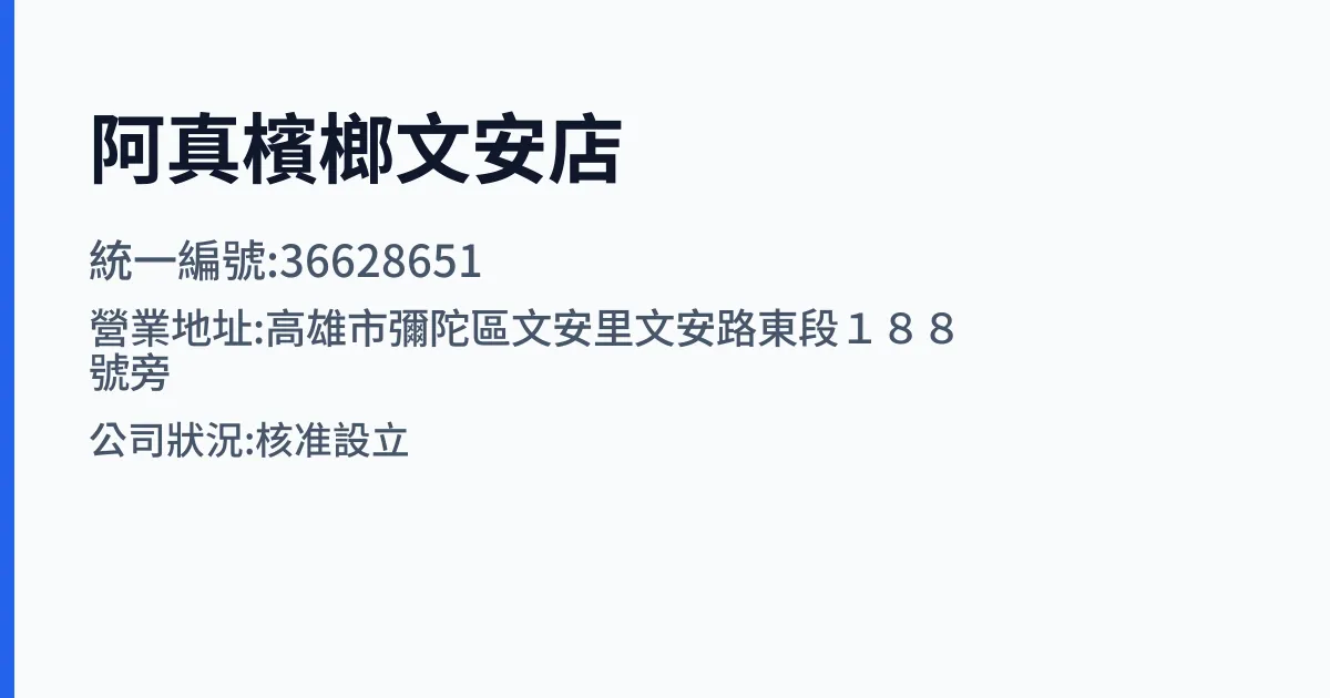 阿真檳榔文安店 - 統編 36628651(高雄市) 公司登記資料與營業項目詳細圖表