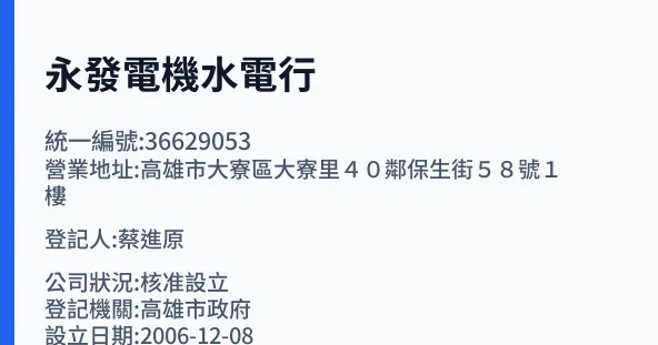 永發電機水電行的照片-統編 36629053(高雄市) 公司登記資料與營業項目詳細圖表