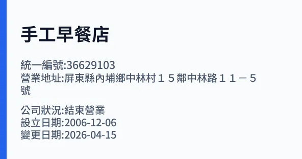 手工早餐店的照片-統編 36629103(屏東縣) 公司登記資料與營業項目詳細圖表