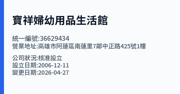寶祥婦幼用品生活館的照片-統編 36629434(高雄市) 公司登記資料與營業項目詳細圖表