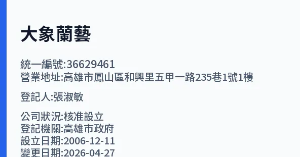 大象蘭藝的照片-統編 36629461(高雄市) 公司登記資料與營業項目詳細圖表