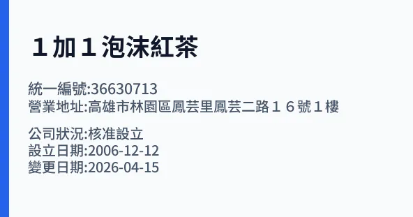 １加１泡沫紅茶的照片-統編 36630713(高雄市) 公司登記資料與營業項目詳細圖表