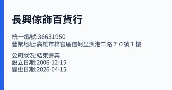 長興傢飾百貨行的照片-統編 36631950(高雄市) 公司登記資料與營業項目詳細圖表